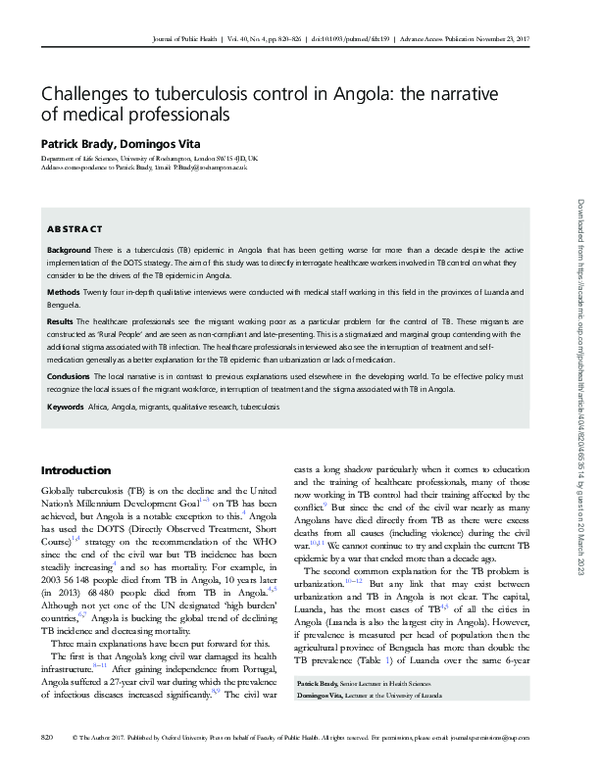 (PDF) Challenges to tuberculosis control in Angola: the narrative of ...