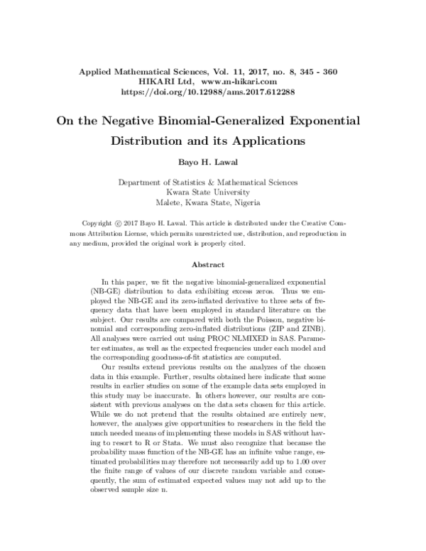 (PDF) On the negative binomial-generalized exponential distribution and its applications