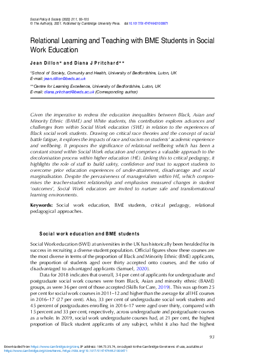 (PDF) Relational Learning and Teaching with BME Students in Social Work ...
