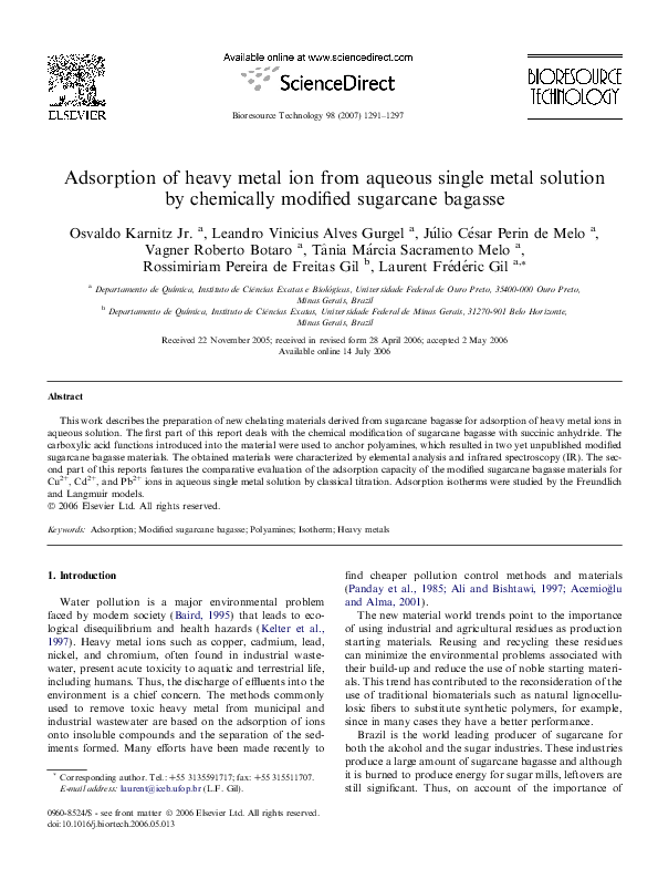 (PDF) Adsorption of heavy metal ion from aqueous single metal solution by chemically modified ...