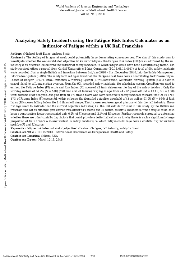 (PDF) Analyzing safety incidents using the fatigue risk index ...