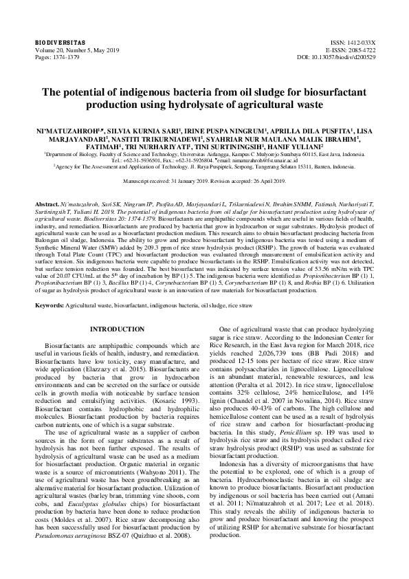 (PDF) The potential of indigenous bacteria from oil sludge for biosurfactant production using ...