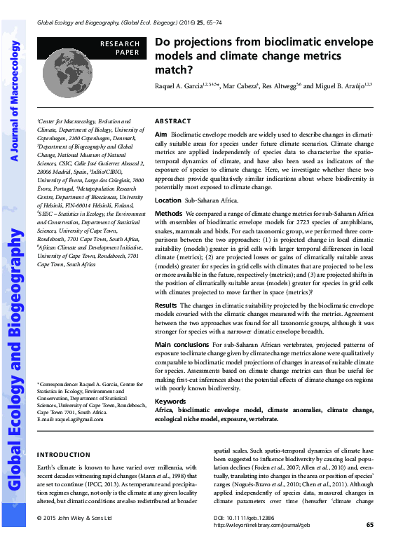 (PDF) Do projections from bioclimatic envelope models and climate ...