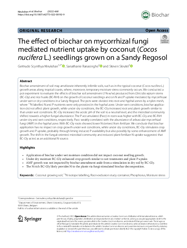 Pdf The Effect Of Biochar On Mycorrhizal Fungi Mediated Nutrient Uptake By Coconut Cocos