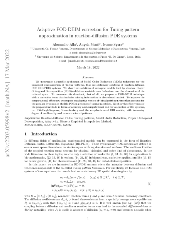 (PDF) Adaptive POD-DEIM correction for Turing pattern approximation in reaction-diffusion PDE ...