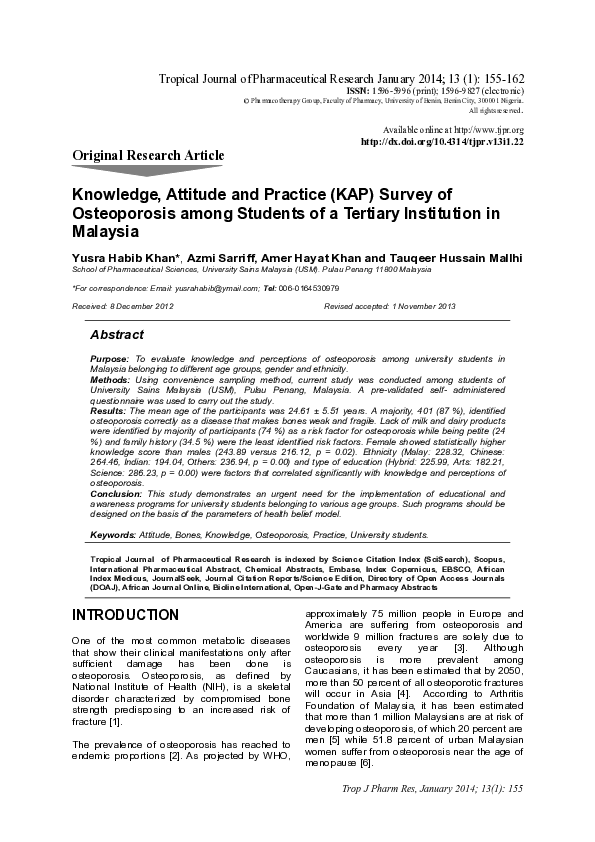 (PDF) Knowledge, Attitude and Practice (KAP) Survey of Osteoporosis among Students of a Tertiary ...