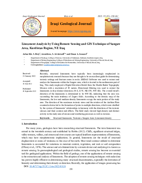 (PDF) Lineament Analysis by Using Remote Sensing and GIS Technique of Sangaw Area, Kurdistan ...
