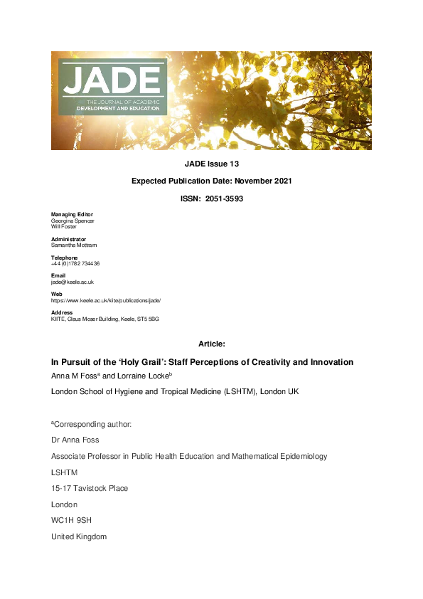 (PDF) In Pursuit of the 'Holy Grail': Staff Perceptions of Creativity ...