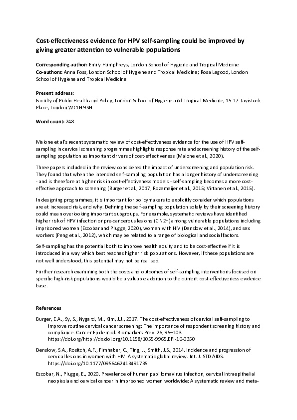 (DOC) Cost-effectiveness evidence for HPV self-sampling could be ...