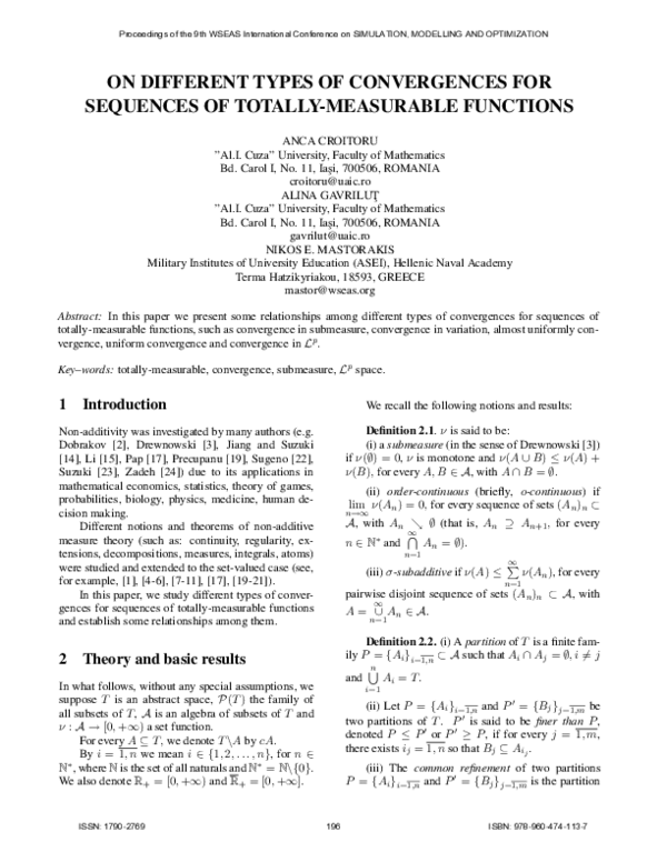 (PDF) On Different Types of Convergences for Sequences of Totally-Measurable Functions | Anca ...