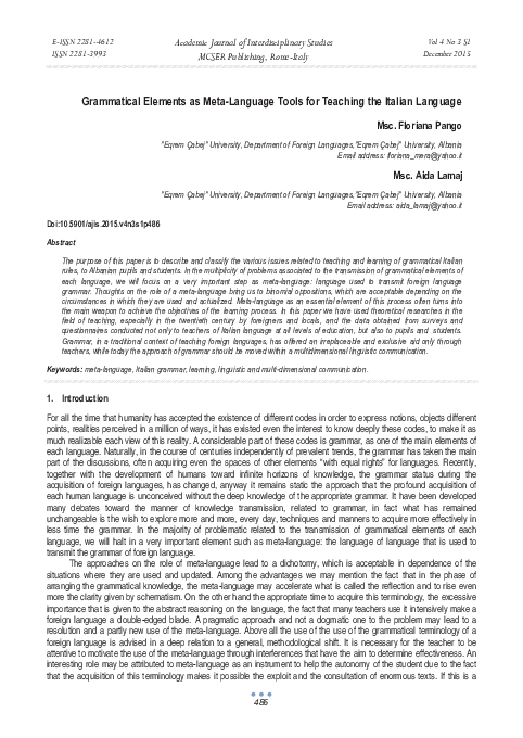 (PDF) Grammatical Elements as Meta-Language Tools for Teaching the Italian Language