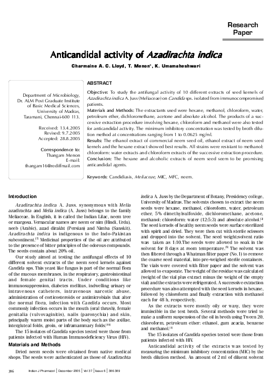 (PDF) Anticandidal activity of Azadirachta indica
