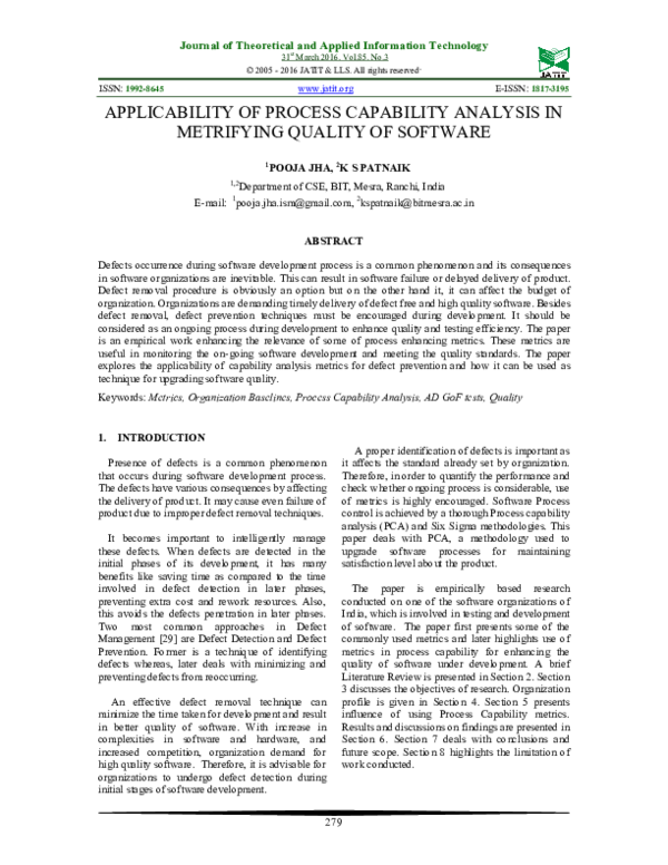 (PDF) Applicability of Process Capability Analysis in Metrifying Quality of Software
