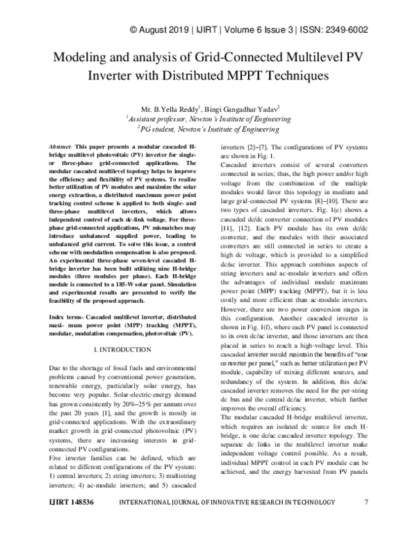 Pdf Modeling And Analysis Of Grid Connected Multilevel Pv Inverter With Distributed Mppt