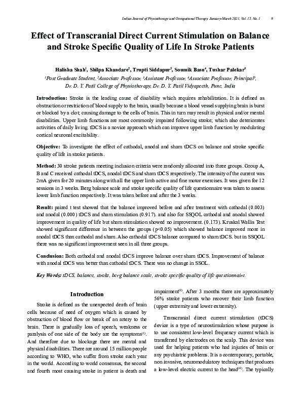 (PDF) Effect of Transcranial Direct Current Stimulation on Balance and Stroke Specific Quality ...