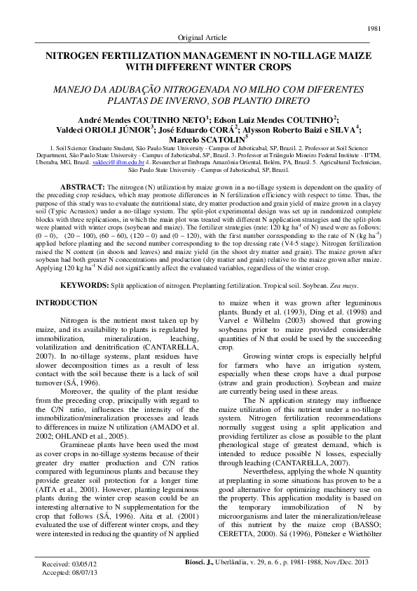 (PDF) Nitrogen fertilization management in no-tillage maize with different winter crops | José ...