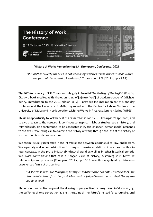 (PDF) History of Work conference: Remembering E.P. Thompson 2023 CFP