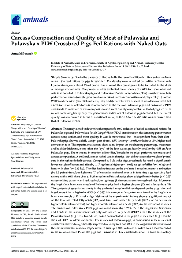 (PDF) Carcass Composition and Quality of Meat of Pulawska and Pulawska x PLW Crossbred Pigs Fed ...