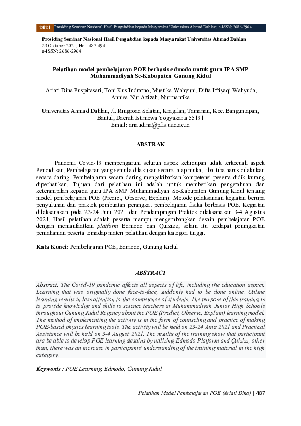 (PDF) Pelatihan Model Pembelajaran POE berbasis Edmodo untuk Guru IPA SMP Muhammadiyah Se ...