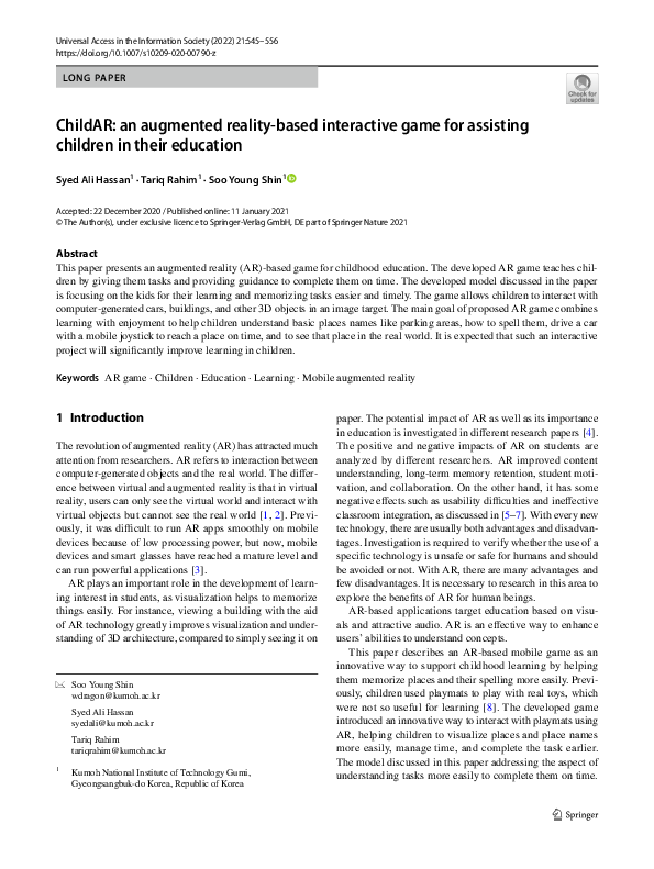 (PDF) ChildAR: an augmented reality-based interactive game for assisting children in their education