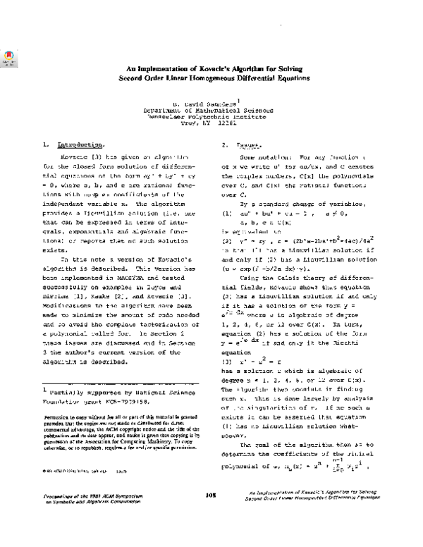 (PDF) An implementation of Kovacic's algorithm for solving second order linear homogeneous ...