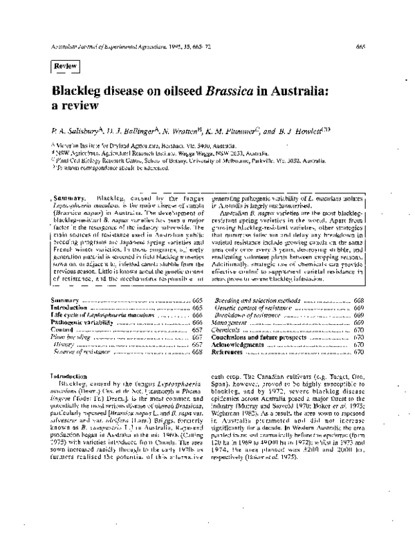 (PDF) Blackleg disease on oilseed Brassica in Australia: a review