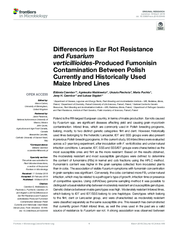(PDF) Differences in Ear Rot Resistance and Fusarium verticillioides ...