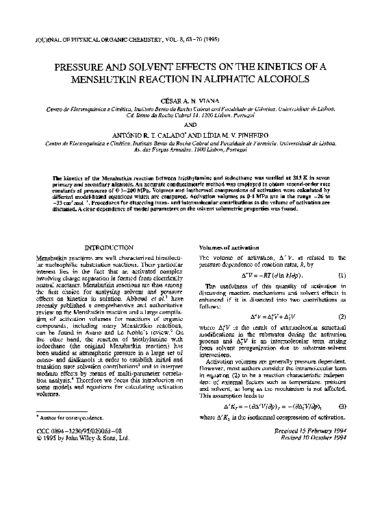 (PDF) Pressure and solvent effects on the kinetics of a Menshutkin ...