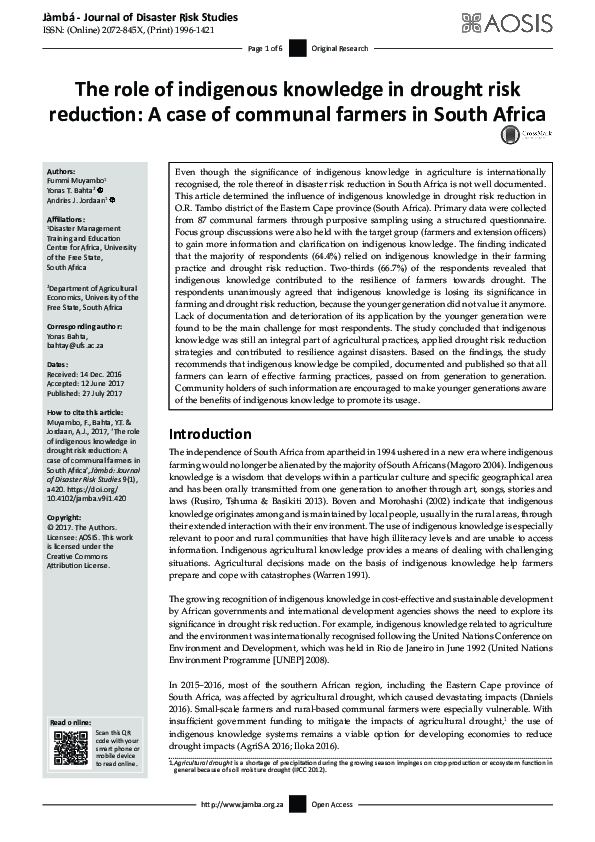 (PDF) The role of indigenous knowledge in drought risk reduction: A ...
