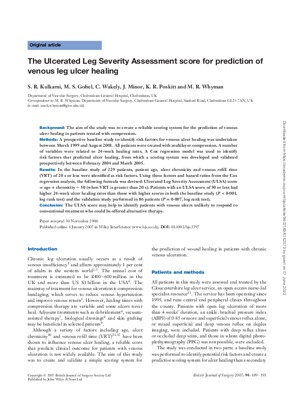 (PDF) The Ulcerated Leg Severity Assessment score for prediction of ...