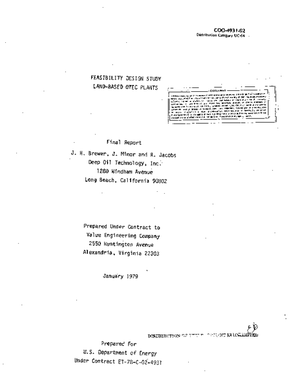 (PDF) Feasibility design study. Land-based OTEC plants. Final report