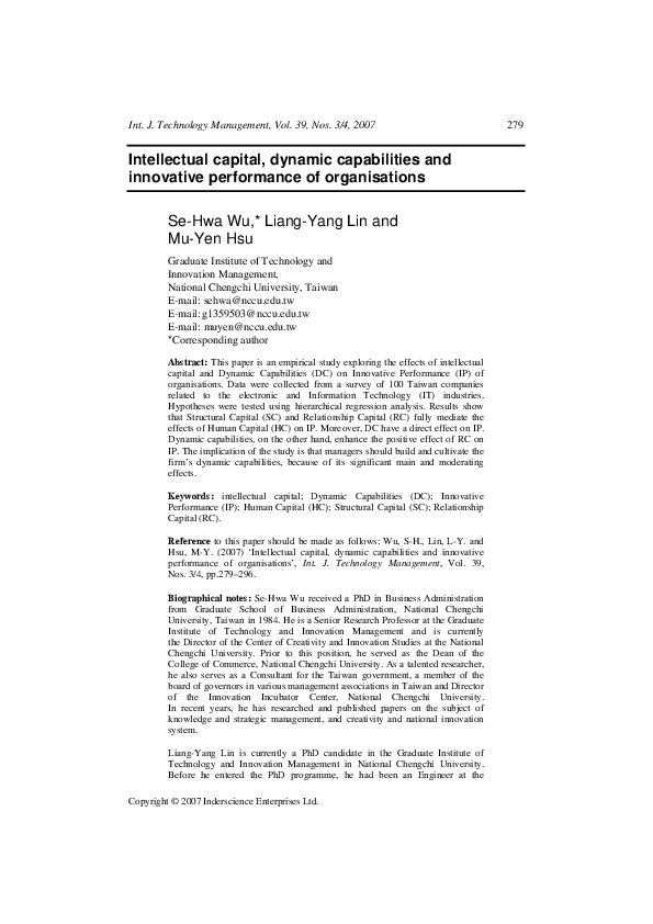 (PDF) Intellectual capital, dynamic capabilities and innovative performance of organisations