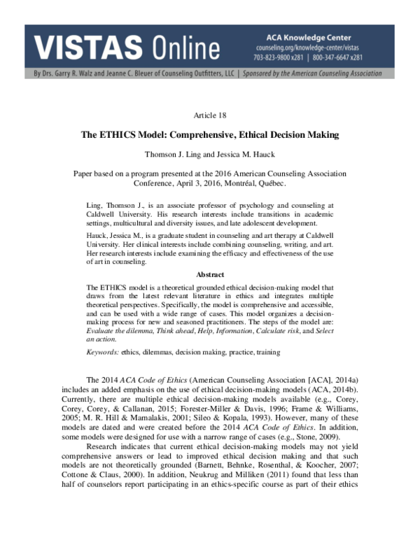 (PDF) The ETHICS Model : Comprehensive , Ethical Decision Making