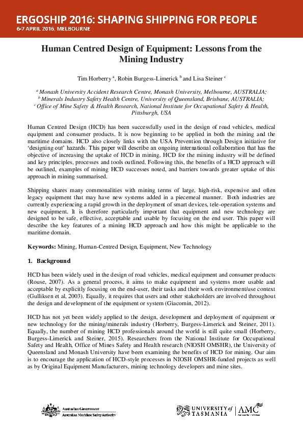 (PDF) Human centred design of equipment: lessons from the mining industry