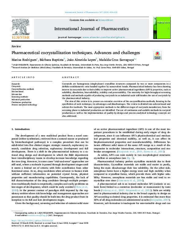(PDF) Pharmaceutical cocrystallization techniques. Advances and challenges
