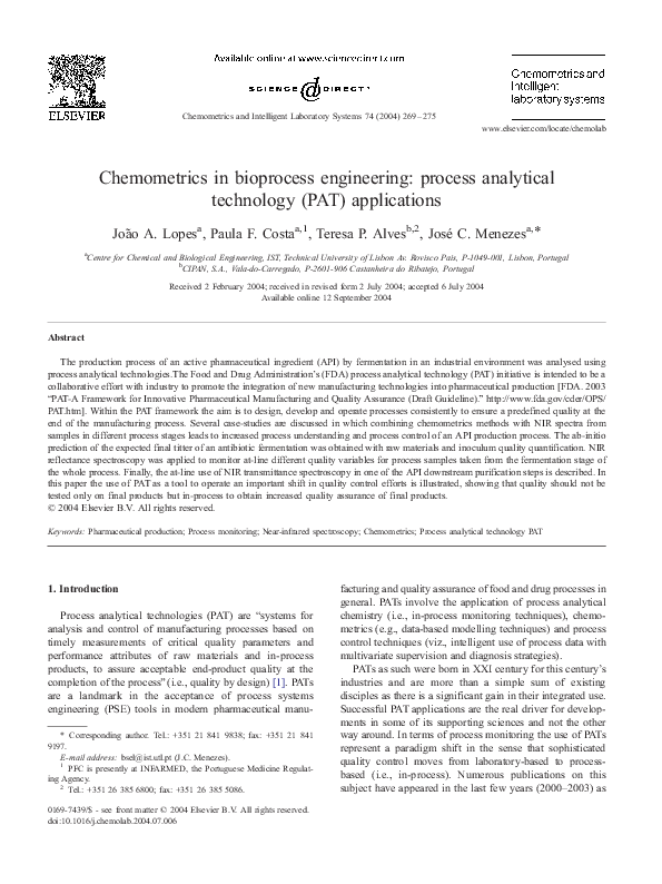 (PDF) Chemometrics in bioprocess engineering: process analytical technology (PAT) applications