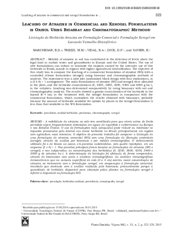 (PDF) Leaching of Atrazine in Commercial and Xerogel Formulations in Oxisol Using Bioassay and ...