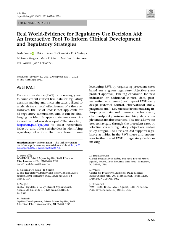 (PDF) Real World-Evidence for Regulatory Use Decision Aid: An ...