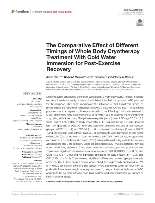 (PDF) The Comparative Effect of Different Timings of Whole Body Cryotherapy Treatment With Cold ...