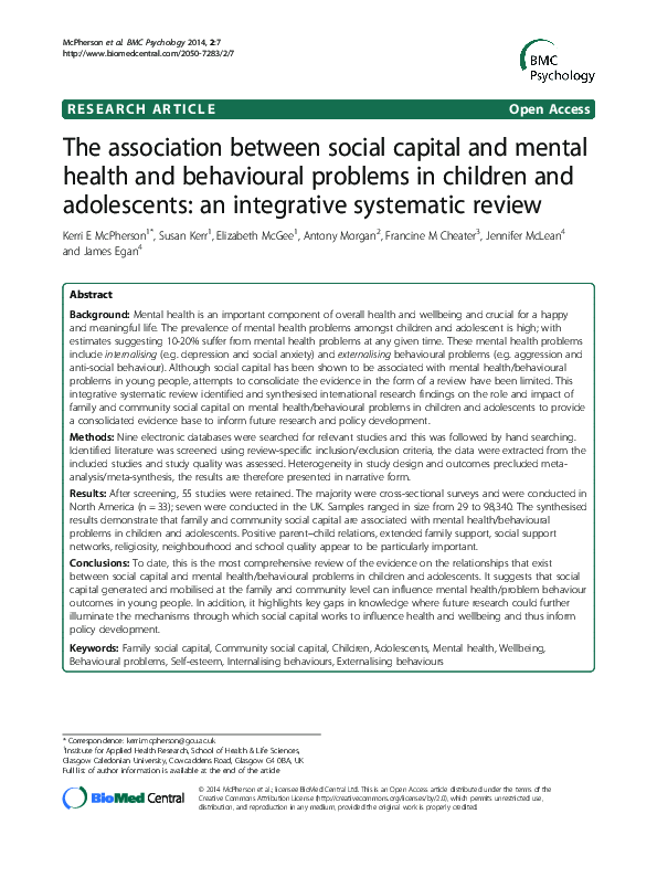 (PDF) The association between social capital and mental health and behavioural problems in ...