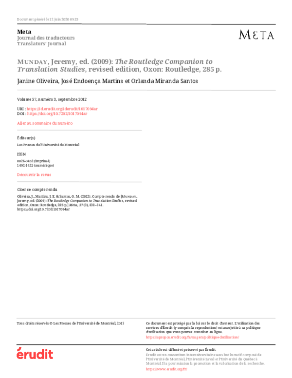 (PDF) Munday, Jeremy, ed. (2009): The Routledge Companion to ...