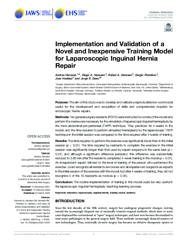 (PDF) Implementation and Validation of a Novel and Inexpensive Training Model for Laparoscopic ...