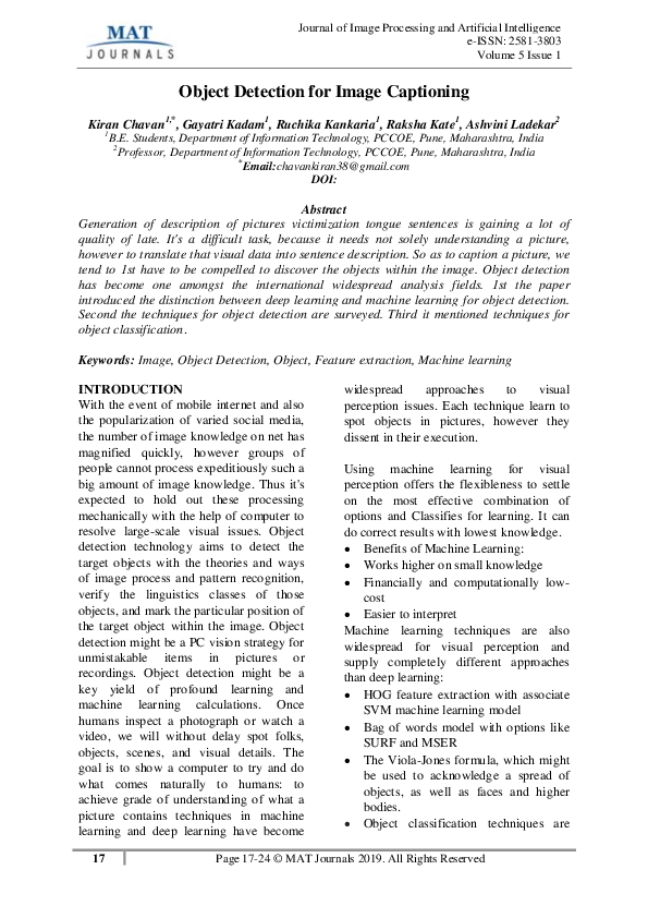 Pdf Object Detection For Image Captioning Ashwini Ladekar