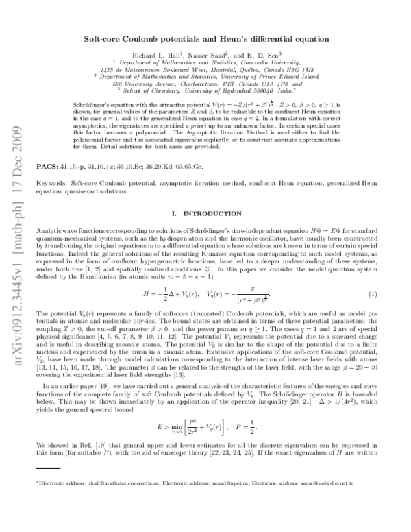 (PDF) Soft-core Coulomb potentials and Heun’s differential equation