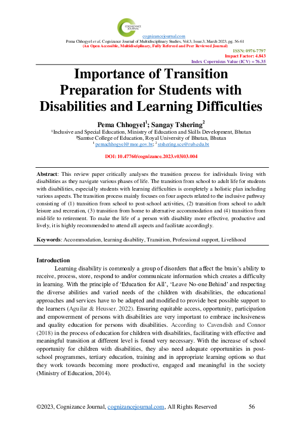 (PDF) Importance of Transition Preparation for Students with ...