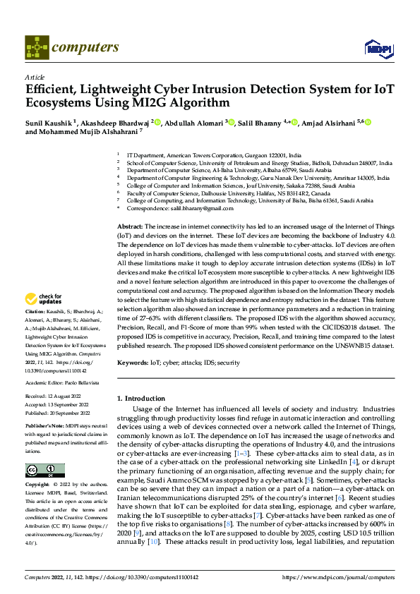 Pdf Efficient Lightweight Cyber Intrusion Detection System For Iot Ecosystems Using Mi2g 