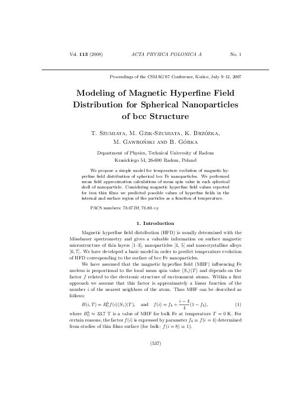 (PDF) Modeling of Magnetic Hyperfine Field Distribution for Spherical ...