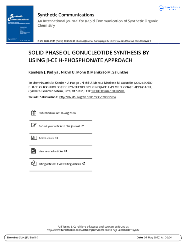 (PDF) Solid Phase Oligonucleotide Synthesis by Using Β-Ce H -Phosphonate Approach