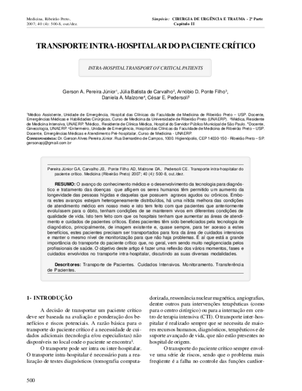 (PDF) Transporte Intra-Hospitalar Do Paciente Crítico