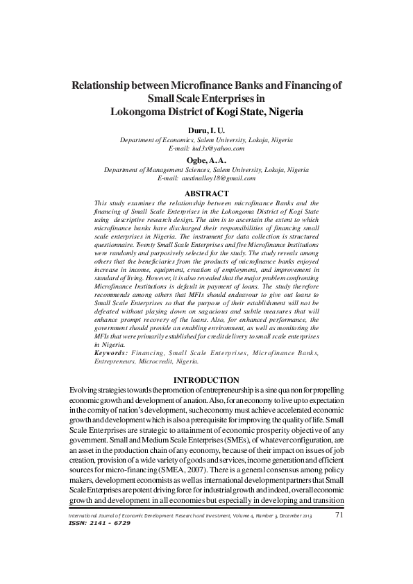 (PDF) Relationship between Microfinance Banks and Financing of Small Scale Enterprises in ...